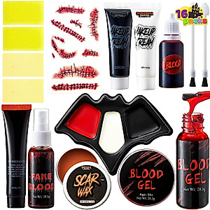 Spooktacular Creations 16 Pcs Halloween Family Makeup Kit Face Body Paint with Liquid Blood Gel, Fake Blood and More Easy On & Easy Off Makeup Set for Cosplay Halloween Party Supplies