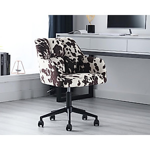 Modern Swivel Home Office Desk Chair with Wheels and Arms, Cow Print Velvet Height Adjustable Comfortable Ergonomic Upholstered Desk Chair, Wide Cute Cowhide Computer Armchair for Living Room Home