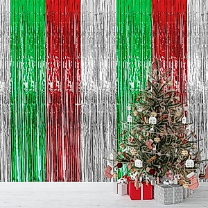 3 Packs 3.3ft x 6.6ft Christmas Foil Fringe Curtains Christmas Party Decoration Red Silver Green Tinsel Foil Fringe Curtains Shiny Metallic Backdrop Photo Booth Props for Christmas Party Supplies