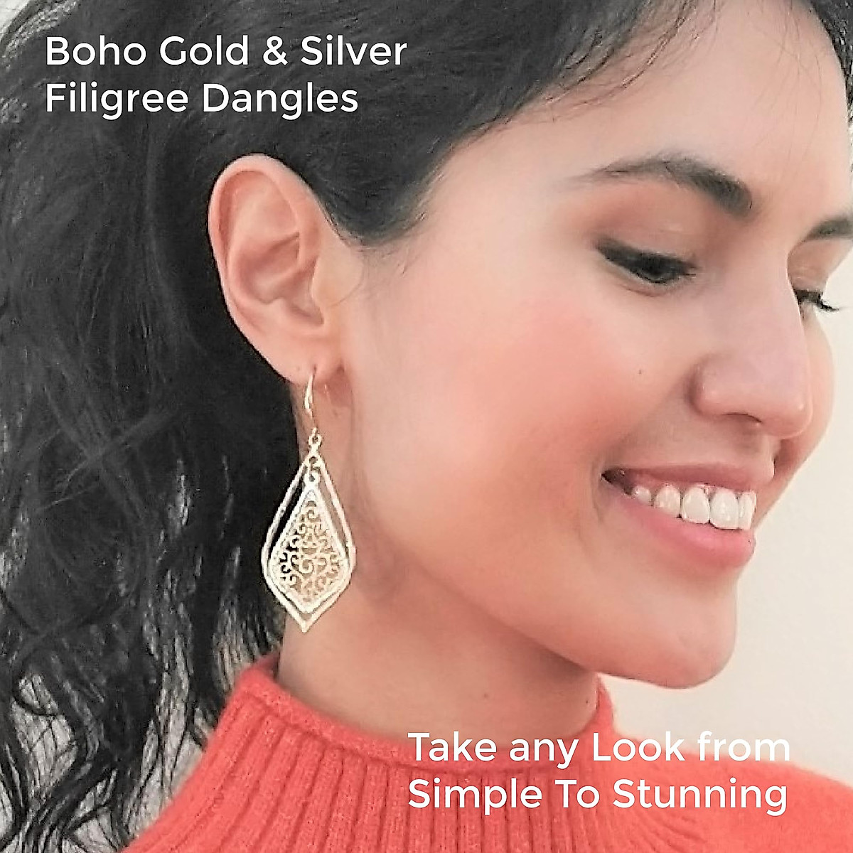 ALLISON ROSE ATELIER – Boho Filigree Two-Tone Dangle Earrings - Exquisite Handcrafted Jewelry for Boho Chic Style - Large Two Tone Worn Gold and Silver Plated Earring Set