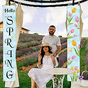 Nepnuser Hello Spring Porch Banner Spring Tulips Flower Front Door Window Wall Indoor Outdoor Decoration Photo Booth Backdrop
