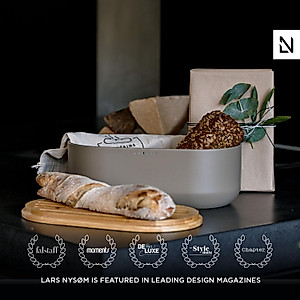 LARS NYSØM Bread Box I Metal bread box with linen bread bag for long lasting freshness I Bread box with bamboo lid usable as cutting board I 14.2x7.5x5.1 In (Greige)