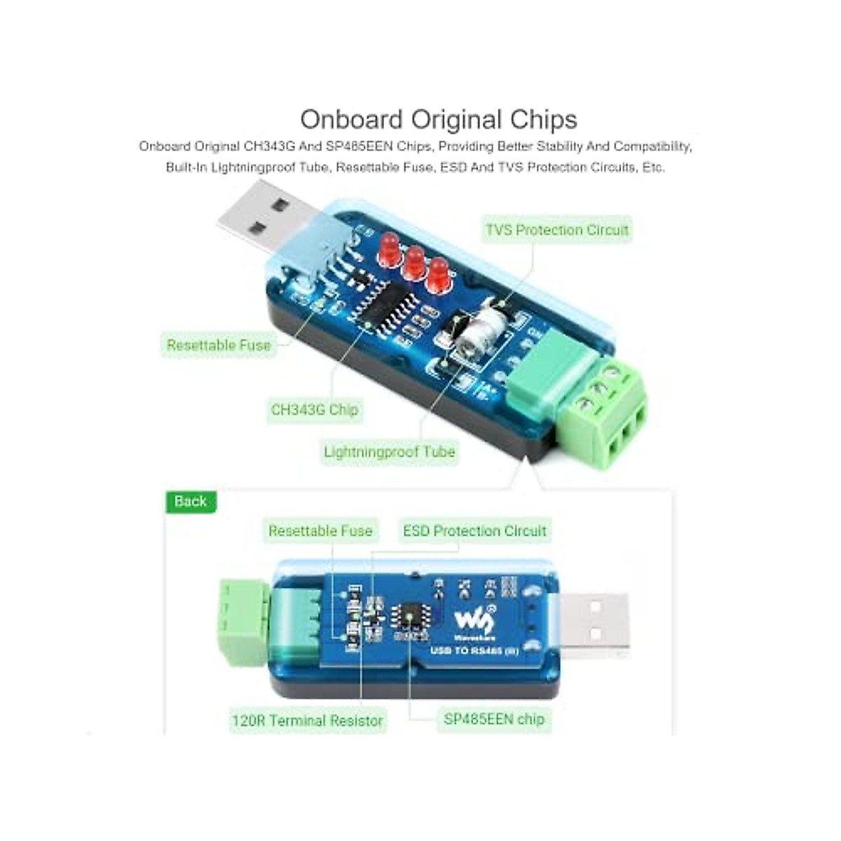 Industrial USB to RS485 Converter Adapter with Original CH343G and SP485EEN, Built-in Lightningproof Tube, Resettable Fuse, ESD and TVS Protection Circuits, up to 1.2km RS485 Transmission Distance