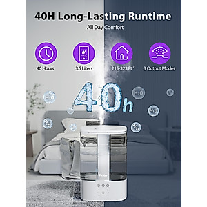 Cool Mist Humidifiers for Bedroom,FreAire 3.5L Smart 25dB MAX-Quiet Air Humidifier for baby with Top-Fill,40H working,8 Color Light,Ultrasonic Diffuser for Largeroom & Plants-Light Grey