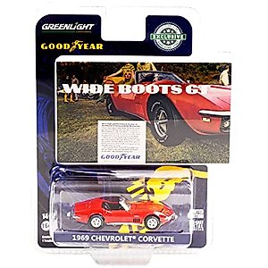 1969 Chevy Corvette Convertible Red Wide Boots GT Goodyear Vintage Ad Cars 1/64 Diecast Model Car by Greenlight 30248