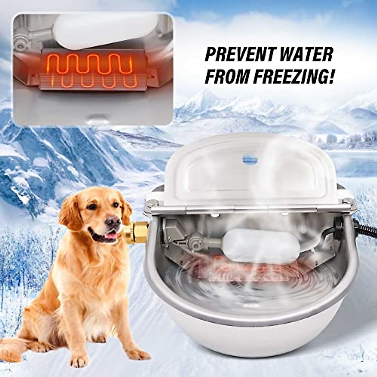 ZHEQOGZH Automatic Heated Water Bowl Trough Dish Outdoor Heated Pet Dog Bowl Stainless Steel Livestock Waterer with Float Valve Brass Connector and Drain Plug for Outdoor Pets in Winter