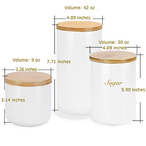 Yangbaga Canisters Sets for Kitchen-Set of 3 Kitchen Canisters for Countertop with Airtight Bamboo Lids/Spoons/Stickers, Ceramic Food Storage Containers for Large Flour,Suger,Coffee (42/30/9OZ)