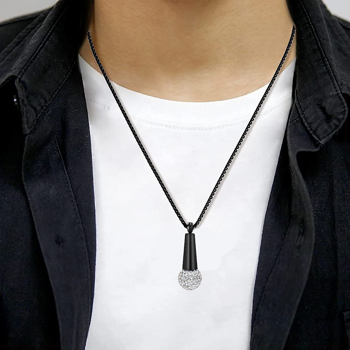 zeqingjw Microphone Cremation Jewelry for Ashes Urn Pendant Necklace with Crystal Stainless Steel Keepsake Memorial Ash Jewelry (Black)