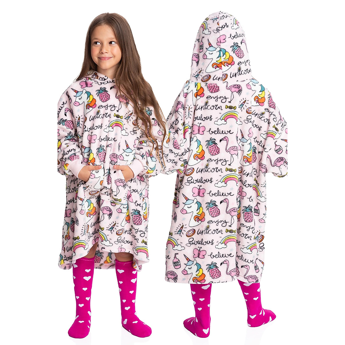 Mad Dog Kids Blanket Hoodie - Wearable Blankets with Cozy Sleeves, Soft Fleece & Sherpa Designs, for Boys & Girls, Ages 4-13, Unicorn, 4-7 Years