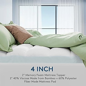 HYLEORY Dual Layer 4 Inch Memory Foam Mattress Topper King Size, Breathable & Medium Support, 2 Inch Cooling Gel Memory Foam & 2 Inch Viscose from Bamboo Pillow Top Mattress Pad Cover for Back Pain