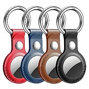 [4 Pack] Protective Air Tag Case for Airtag Holder, PU Leather Airtag Keychain, Anti-Lost Air Tag Key Ring for Airtag, Compatible with Apple Airtag Accessories, Black/Navy/Brown/Red