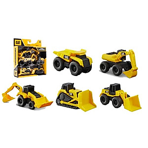 CAT Construction Toys, Little Machines 5pk Truck Toy Set, Includes Dump Truck, Front Loader, Bulldozer, Backhoe, and Excavator Vehicles with Moving Parts, Cake Toppers Ages 3+