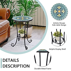 VCUTEKA Outdoor Side Table Mosaic Patio Table Accent Table Mosaic Tile Top Metal Frame Small End Table Porch Beach Patio Garden Balcony Green 14''