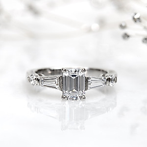 DoubleAccent Platinum Plated Sterling Silver Ring 1 CT Emerald Cut CZ Stone with Baguette Wedding Engagement Ring (Size 5 to 9), 6
