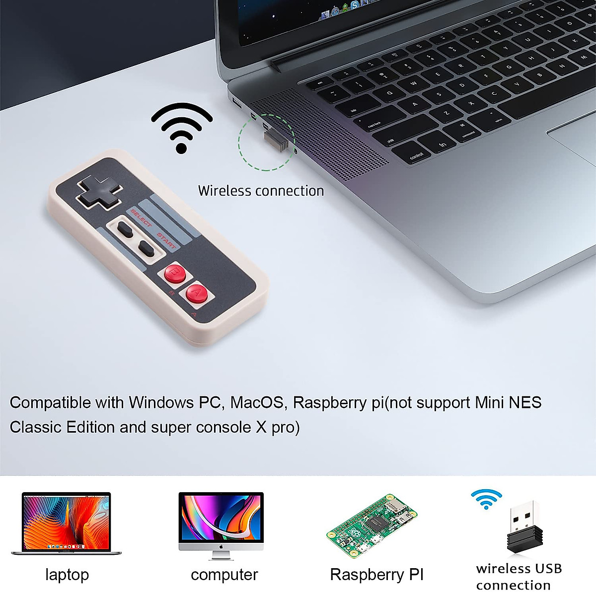 KIWITATA Wireless USB NES Controller for PC Games, 2 Pack 2.4G Rechargeable NES Remote Wireless USB Retro Game Pad Controller for Windows MAC Raspberry Pi 3