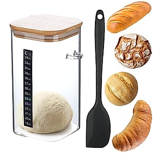Homaisson Sourdough Starter Jar Kit, 1500ML Glass Fermentation Tank with Wood lid, Silicone Spatula & Thermometer, Reusable Sourdough Jar for Home Baking, Food Storage Canister