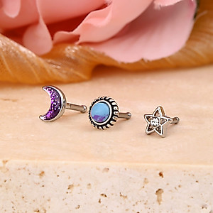 Jewseen Nose Rings Set 3PCS Moon Star Marble Stone Nose Piercing 18g Stud Rings Body Piercing Jewelry