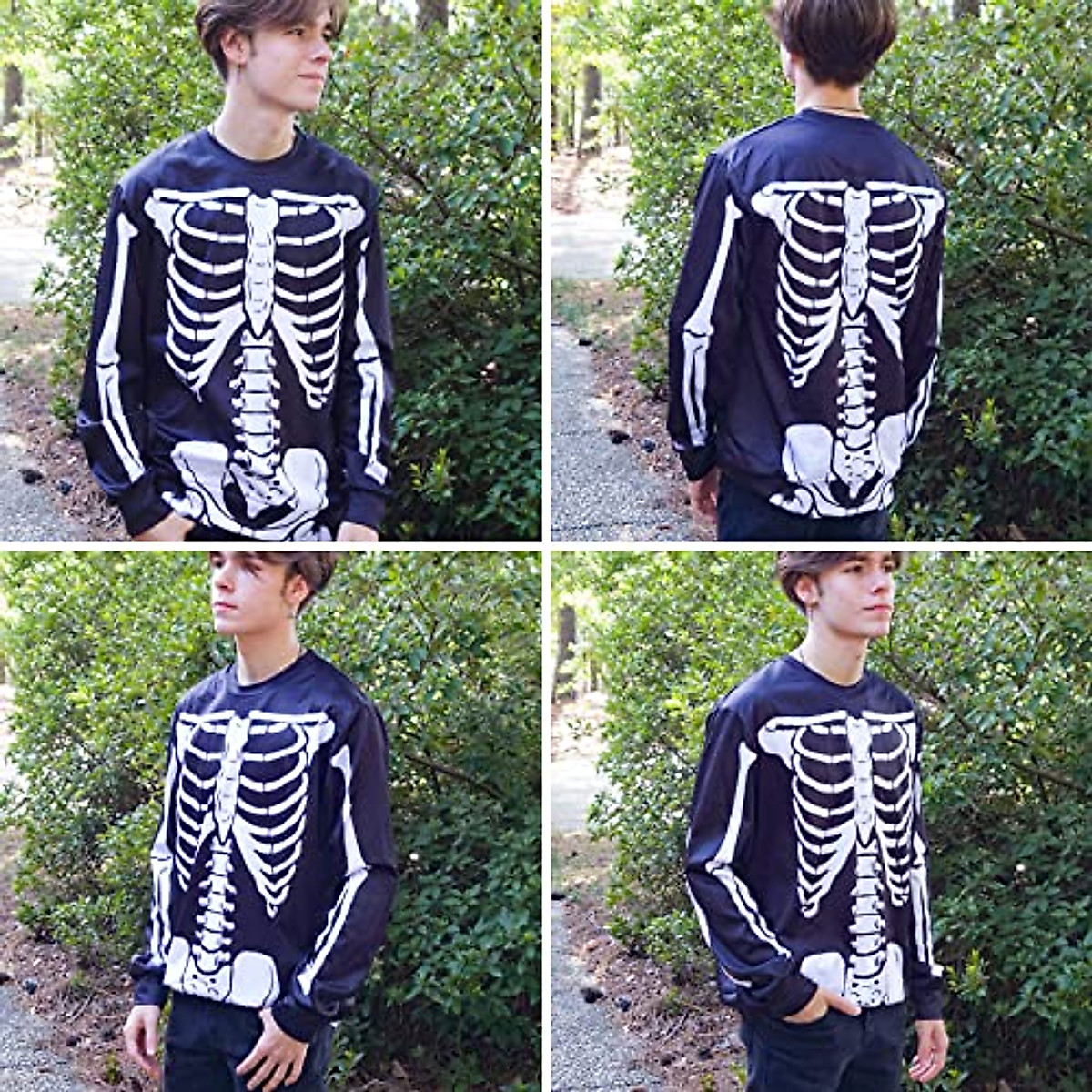 RAISEVERN Mens Halloween Sweatshirts Skeleton Print Funny White Bone Pullover Long Sleeve Shirts Black Cool Holiday Festival Sweater for Women