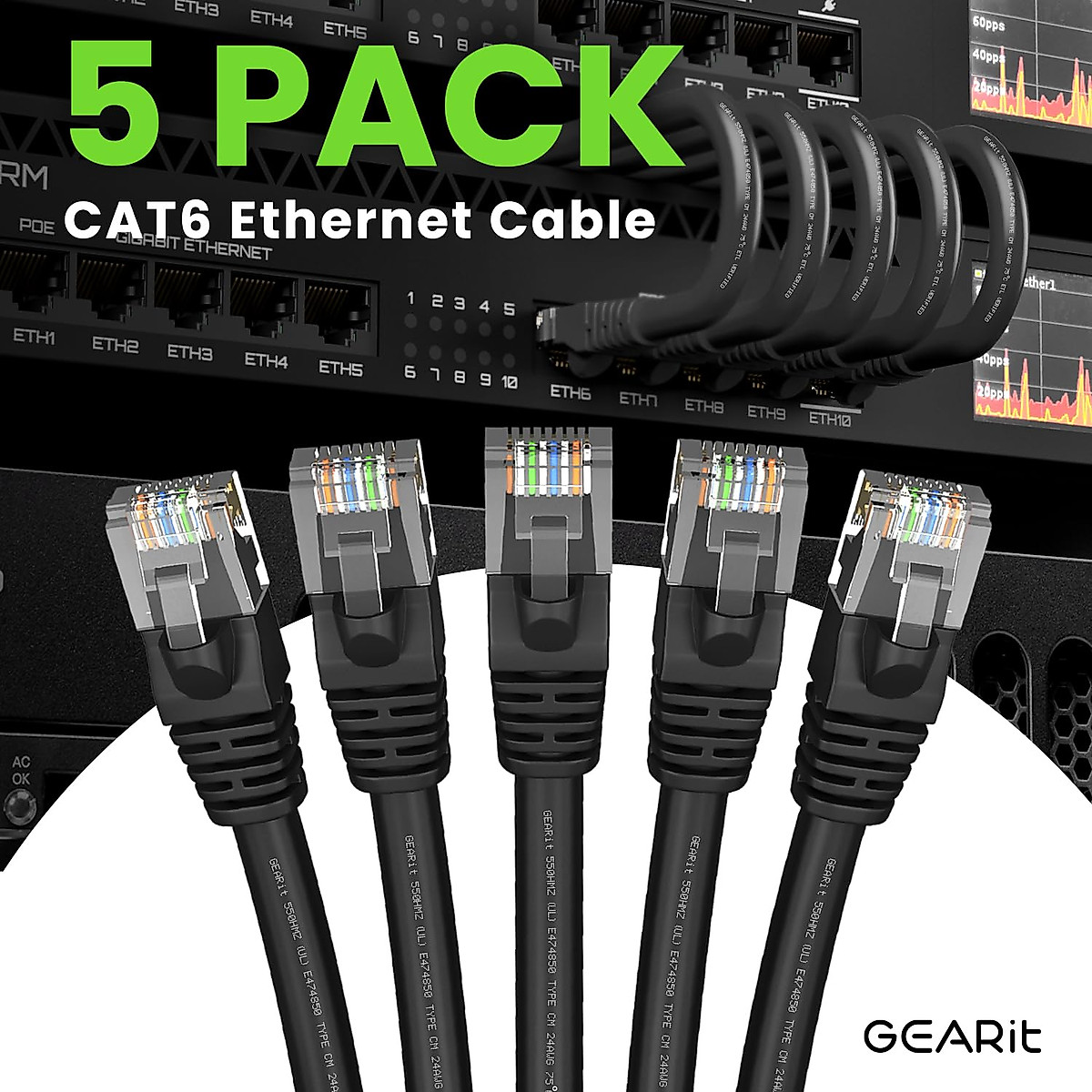 GearIT Cat 6 Ethernet Cable (5-Pack 50 Feet) Cat6 Network Patch, 10Gbps, RJ45, Snagless Cord, Gold-Plated Connectors, Internet for PC, TV, Tablet, Router, Printer, Servers, IT Data Center - Black