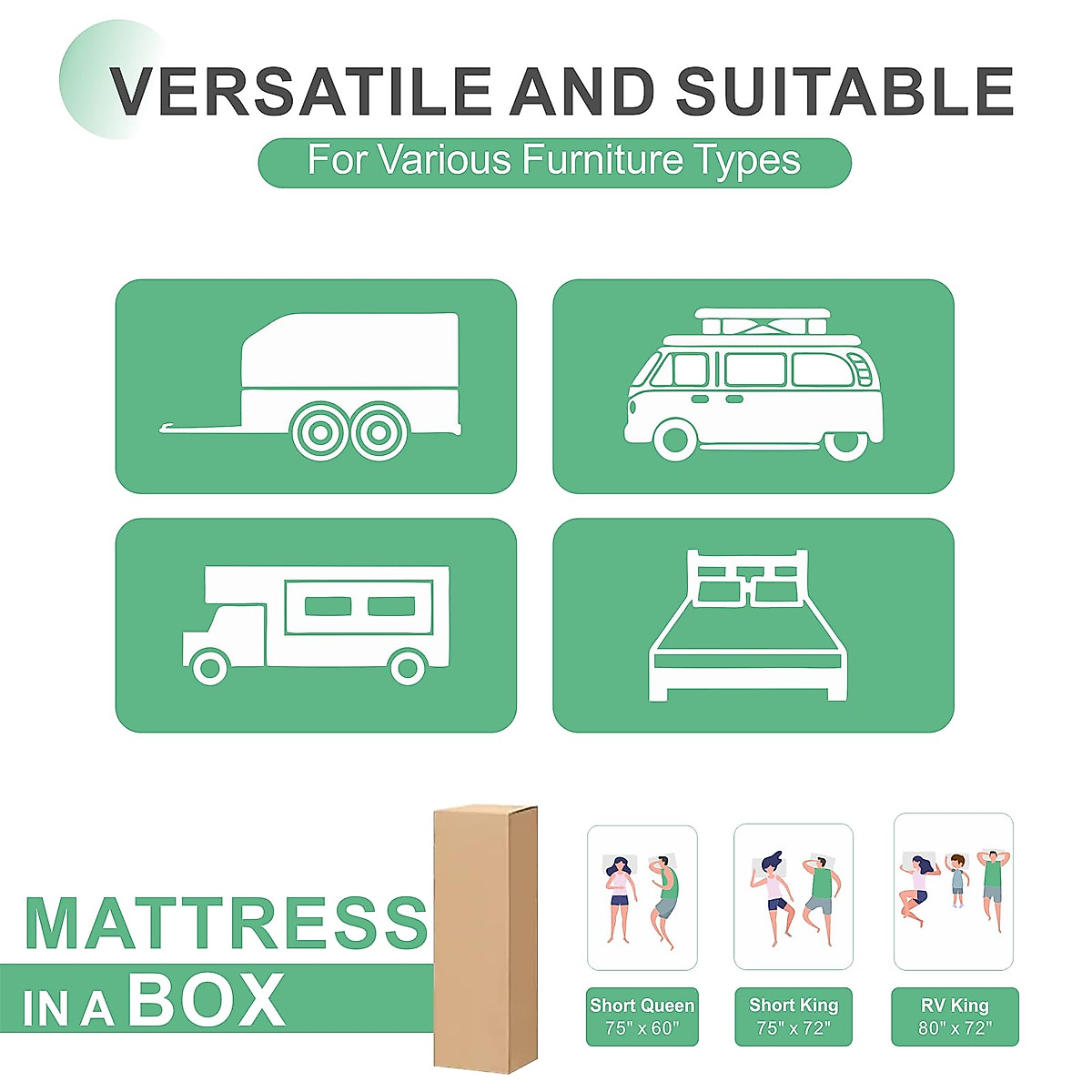 Opoiar 10 Inch Memory Foam Mattress, RV King Mattress in A Box, RV Mattress, Cooling Gel Green Tea, Pressure Relieving, Certipur-Us Certified, Medium Firm Mattress for Travel Camper Trailer Truck