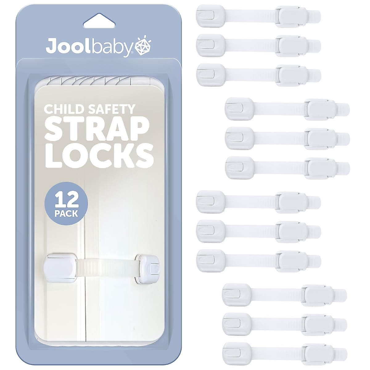 Child Safety Strap Locks (12 Pack) Baby Proof Cabinets, Drawers, Fridge, Toilet & Trash Cans – 3M Adhesive Childproof Locks – Jool Baby
