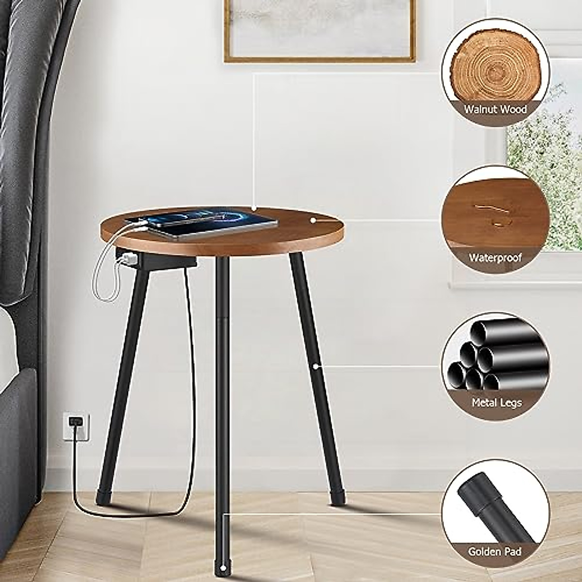 KINNARY End Table with Charging Station, Round Side Table with USB Port & Outlet, Adjustable Height Metal Leg, Small Nightstand Table for Living Room Bedroom, 12.8''D x 20''H, Walnut Wood