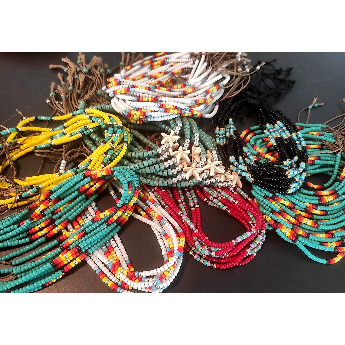 Anklet for Women, Unique Beaded Thin Anklet, Black Gold Colorful Boho Hippie Waterproof Beach Foot Jewelry, Native American Style, Handmade by Tribes (S-M (adjustable))