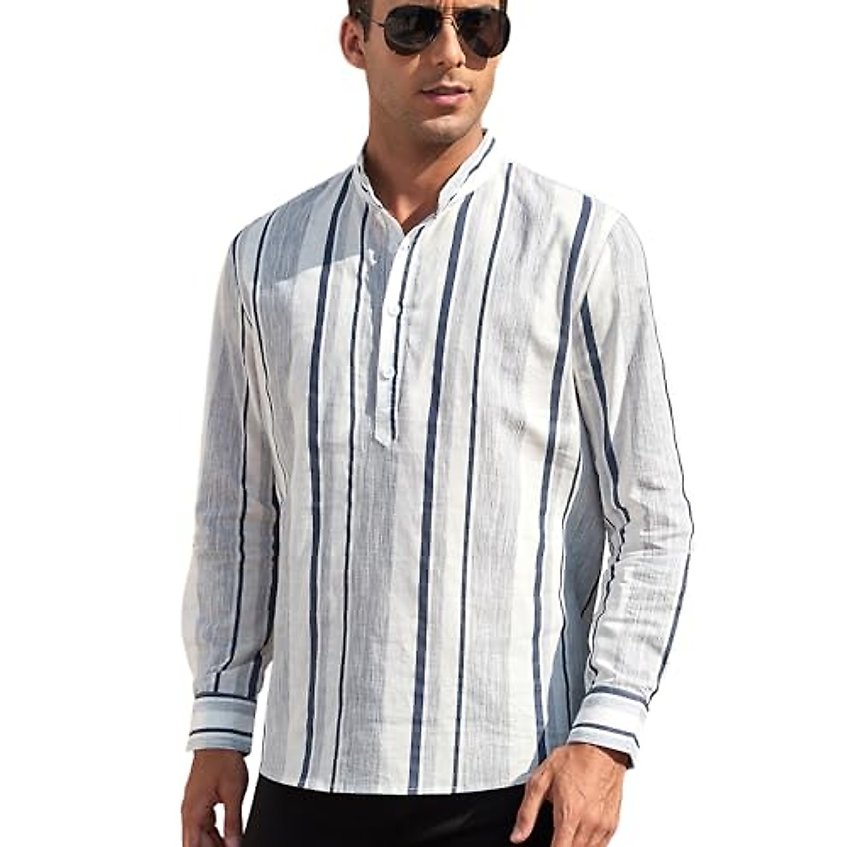 ZAFUL Men's Casual Linen Striped Henley Shirts Long Sleeve Hippie Tops T Shirts