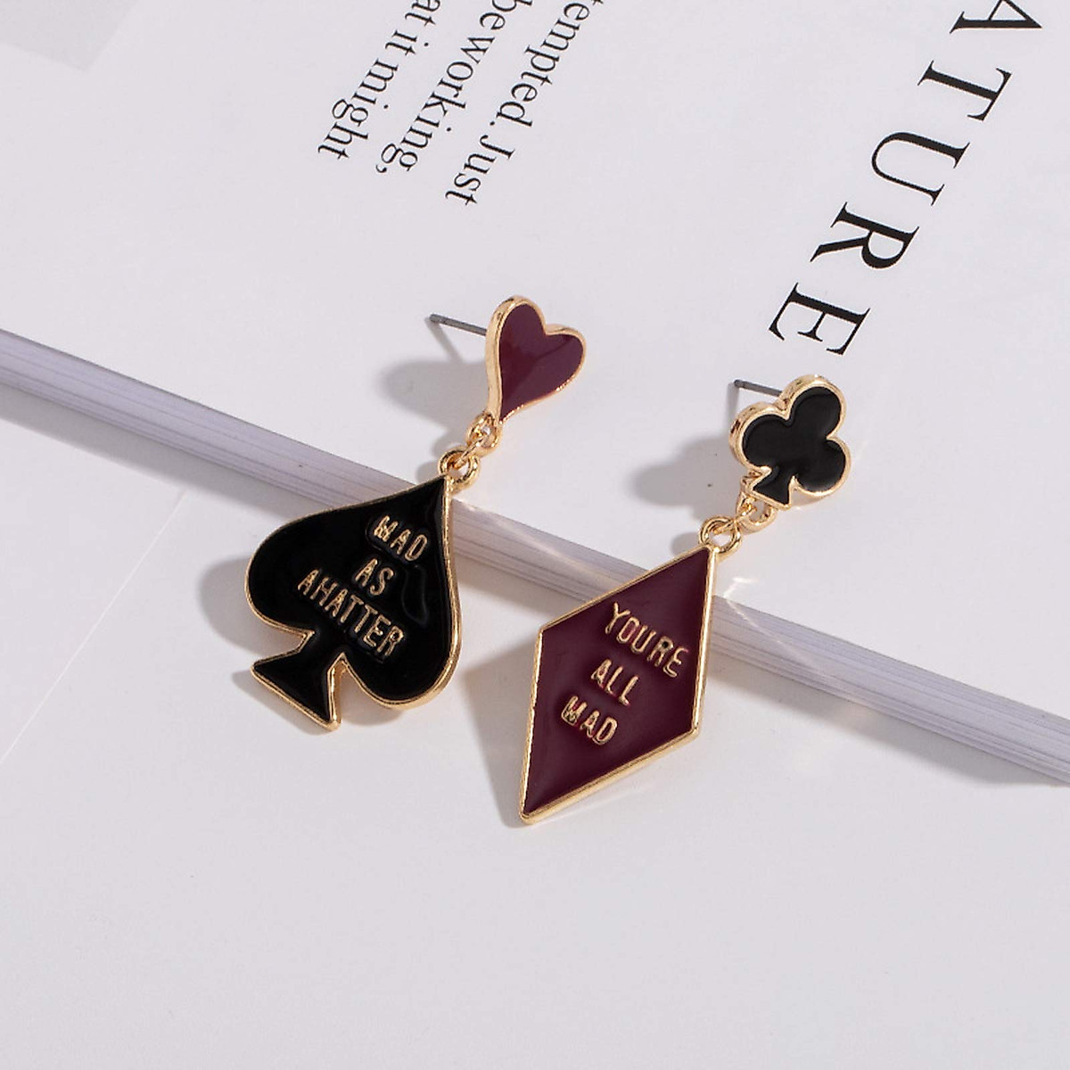 Poker Earrings - Black Heart Dangly Earrings for,Red Heart Alice in Wonderland Earrings,Poker Gifts Queen of Hearts Cool Earrings for Women