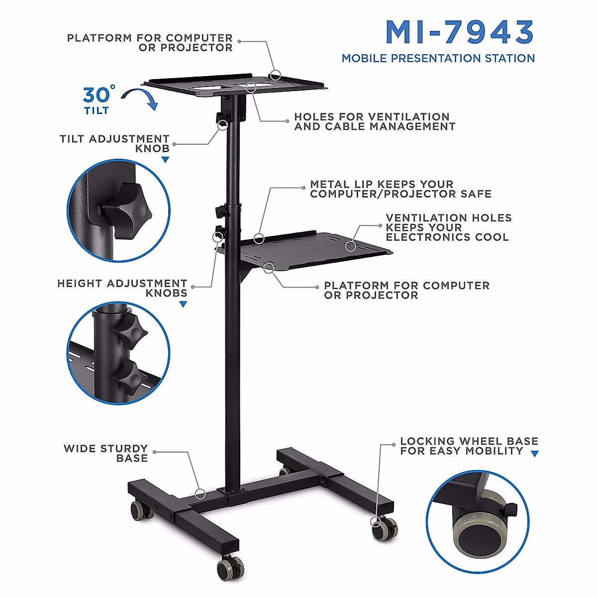 Mount-It! Mobile Projector and Laptop Stand (2 Shelves), Rolling Cart with Ventilated Tray, Heavy Duty, Height Adjustable Laptop and Projector Presentation Trolley, Black