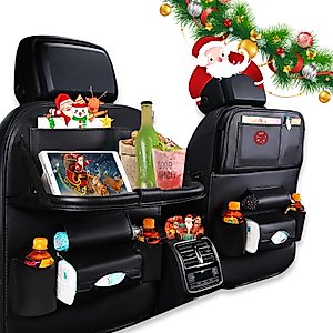 SHOFOYOC 2 Pack Car Backseat Organizer with Tablet Holder,Foldable PU Leather Car Back Seat Table Tray,Kick Mats BackSeat Storage Bag,9 Storage Pockets Seat Back Protectors for Toys Drinks Books Pens