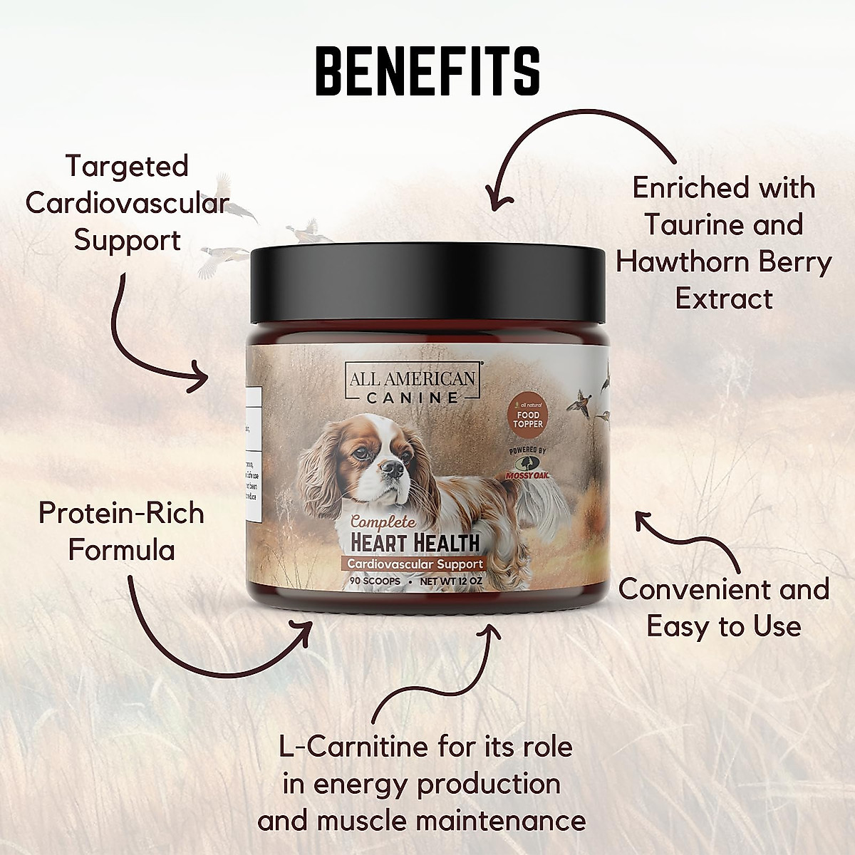 ALL AMERICAN CANINE Complete Heart Health Cardiac Function Support Powdered Supplement Food Topper for Working, Hunting & Sports Dogs, 90 Servings