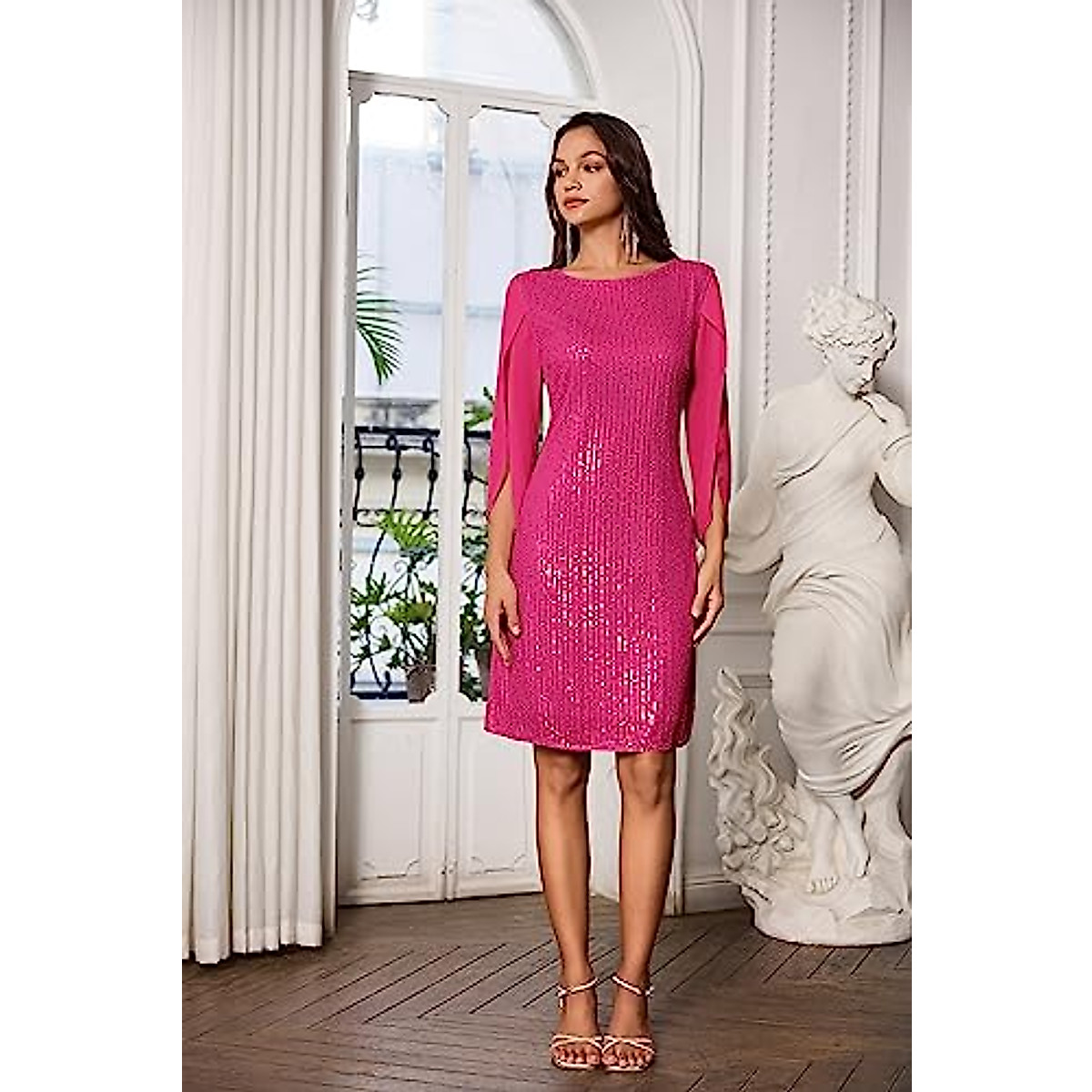 GRACE KARIN Women 3/4 Sleeve Shimmer Sparkle Sequin Party Dresses Rose Red XL
