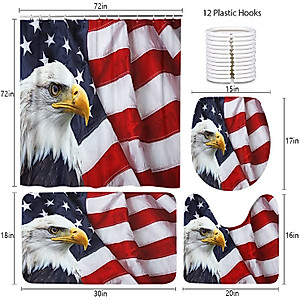 LOKMU 4 Pcs Shower Curtain Set 4Th of July American Flag Bald Eagle Independence Day Patriotic with Non-Slip Rugs Toilet Lid Cover and Bath Mat Waterproof with 12 Hooks Bathroom Decor Set 72" x 72"