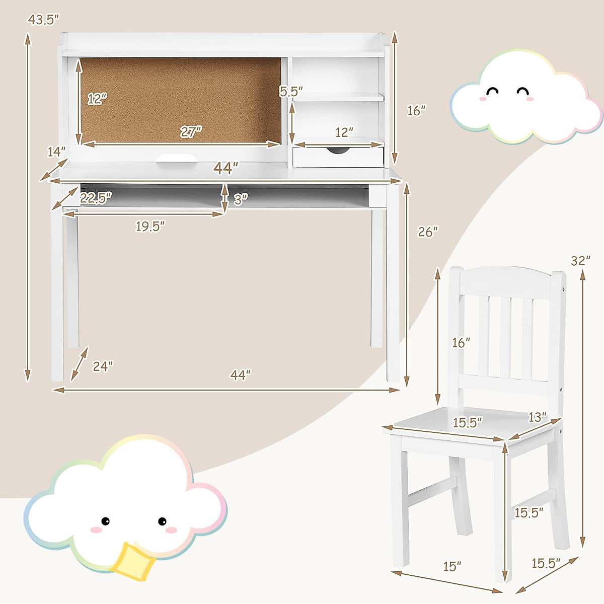 Costzon Kids Desk and Chair Set, Children Study Writing Desk w/Chair, Hutch, Storage, Drawers, Shelves, Cork Bulletin Board, Student Wooden Computer Workstation for Bedroom, Study, Living Room, White