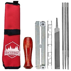Chainsaw Sharpener File Kit – Flat, 5/32, 3/16, 7/32 Inch Round Files, Raker Tooth Depth Gauge, Blade Filing Guide, Wood Handle & Tool Pouch – used to Sharpen Chain Saw Teeth - 8 Piece Sharpening Set
