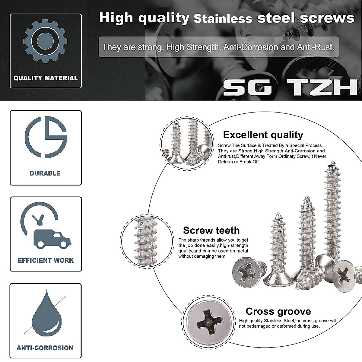 #4 x 3/4" Wood Screw 100Pcs 18-8 (304) Stainless Steel Screws Flat Head Phillips Fast Self Tapping Drywall Screws by SG TZH