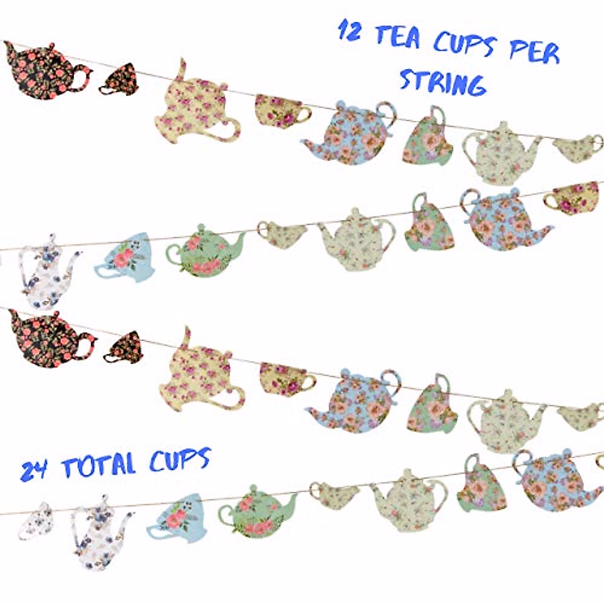 Tea Party Decoration Banner 2 Pack with 12 Pre-Strung Cups | Vintage Garden Teapot Decor, Tea Party Supplies For Girls, Princesses, Bridal Showers, Birthday | Alice in Wonderland Party Garland Decor