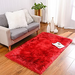 BENRON Red Sheepskin Fluffy Rug 3x5 FT, Luxury Faux Fur Rugs for Kids Girls Nursery Living Room Christmas Decor Shag Furry Carpet