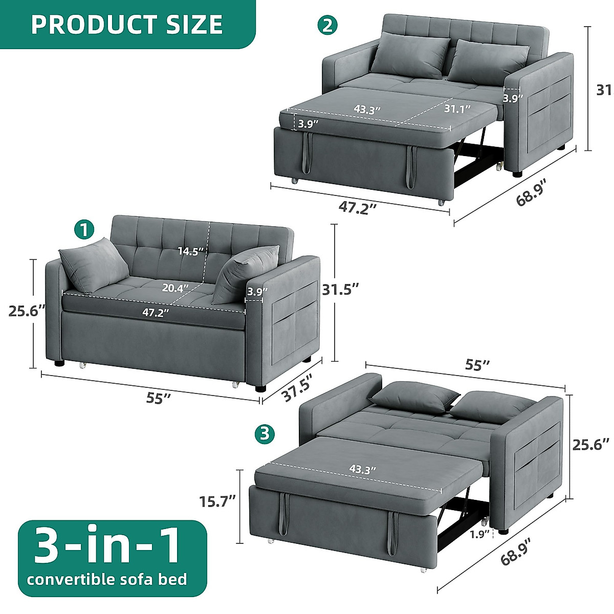 YITAHOME 55" Convertible Sofa Bed, 3-in-1 Sleeper Sofa with Pull-Out Bed, Velvet Futon Couch with Reclining Backrest and Side Pocket, Modern Loveseat for Living Room, Grey, Full Size