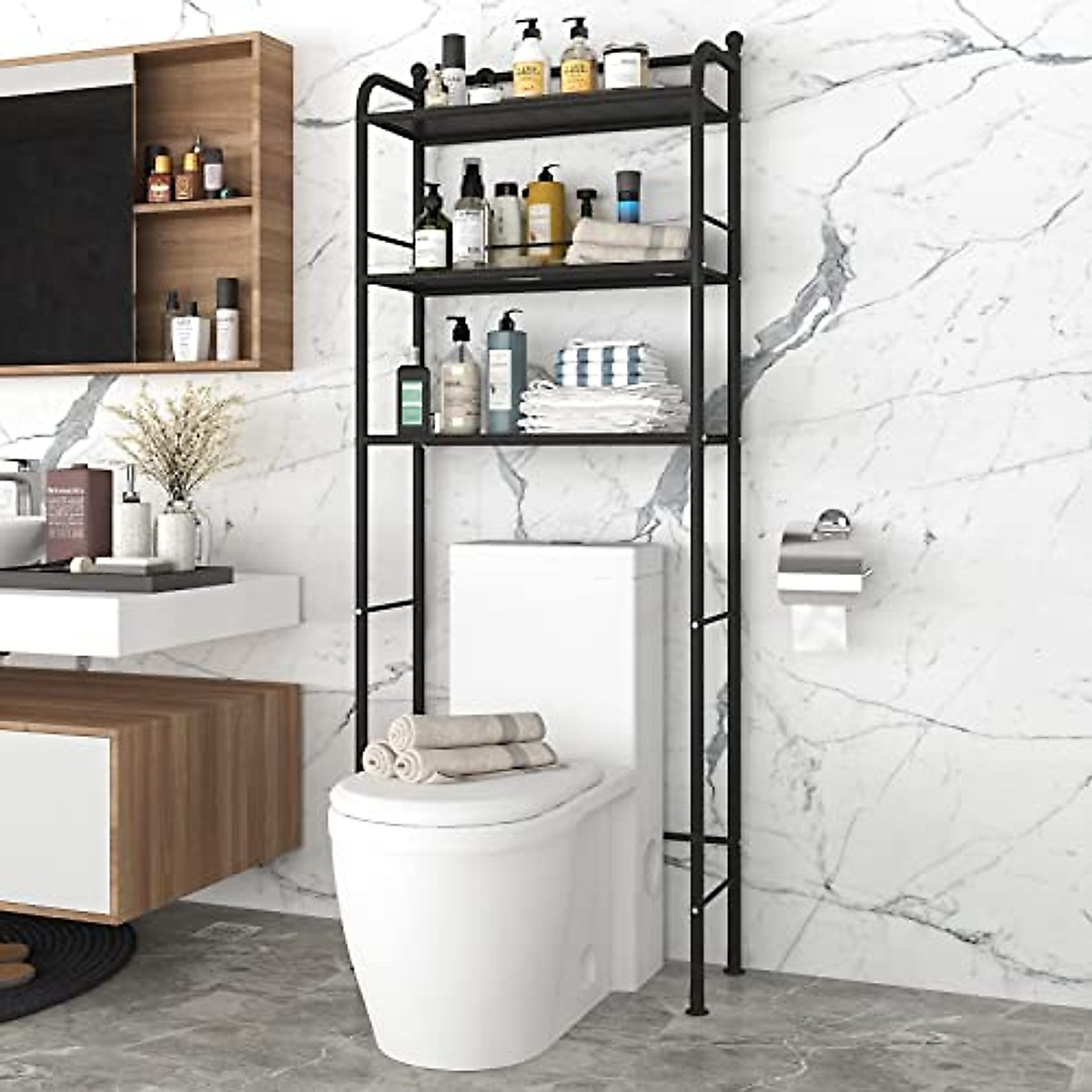 FKUO 3-Tier Metal Bathroom Storage Rack Over The Toilet Storage Shelves Bathroom Organizer Finishing Shelf,Saver Space (Matte Black)