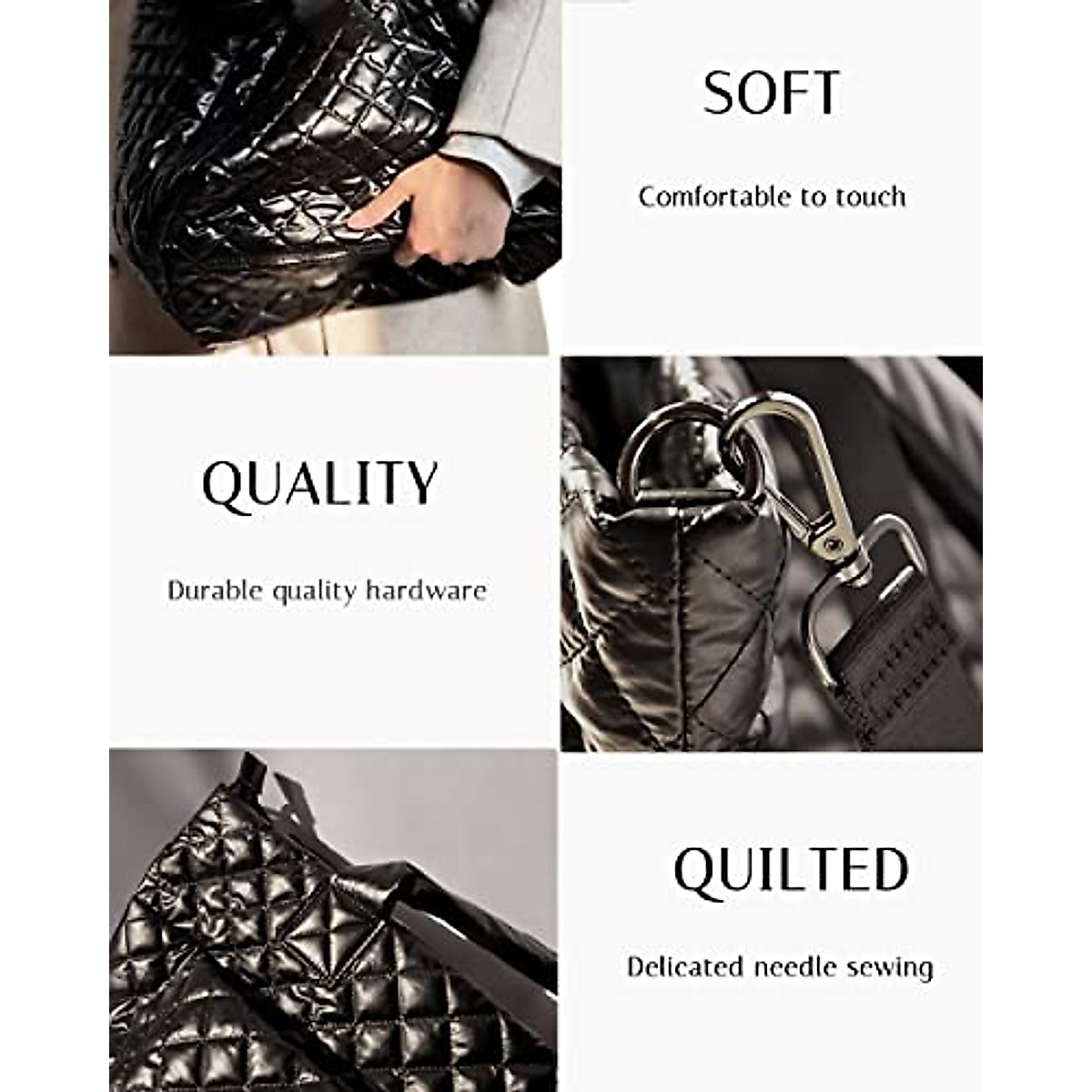 Hsitandy Quilted Tote Bag for Women,Weekender Bag,Light Nylon Quilted Crossbody Shoulder Bag for Travel,Work(Black)
