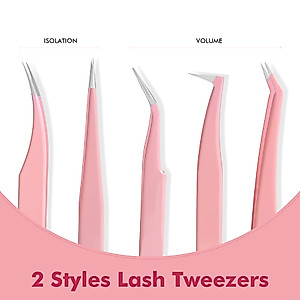 5 Pieces Eyelash Tweezers Sets, High Precision Stainless Steel Eyelash Extension Tweezers with Box, Straight and Curved Tip Tweezers, Eyelash Extension Volume Tweezers for Lash Extensions