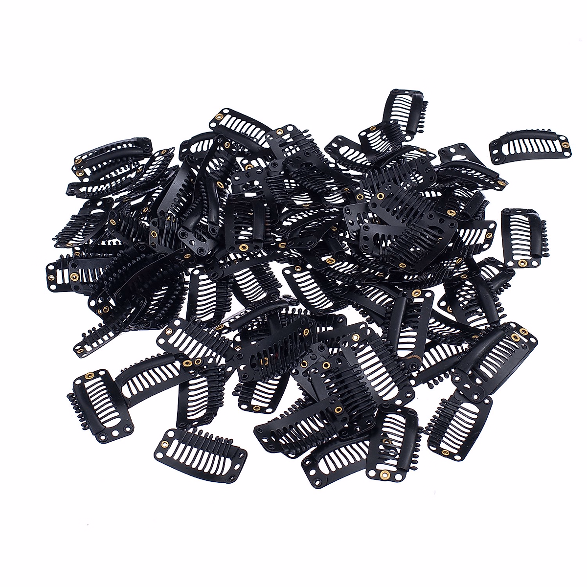 SWACC 100 Pcs U Shape Metailic Snap Clips ins for Hair Extension Hairpiece DIY Snap-Comb Wig Clips with Rubber (Black, 9-Teeth 6 Holes)