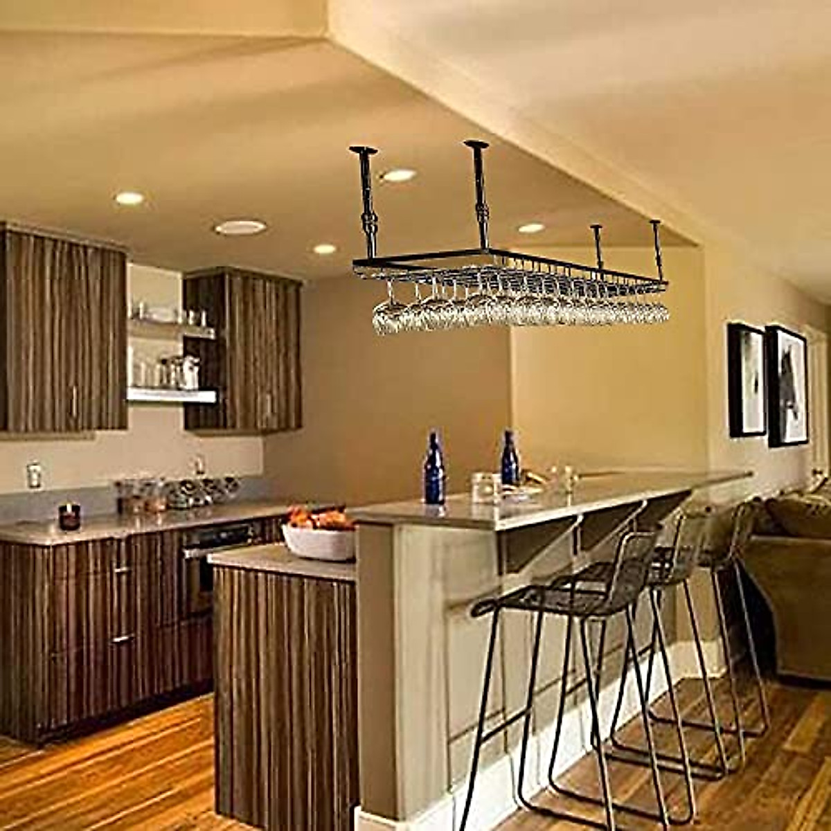 Wheel-hy Wine Bottle/Cup Holder Wine Rack Iron Shelf Hanging Decoration Roof Rack Holder, Adjustable Height: 30-60 cm for Home and Kitchen Bar/Black