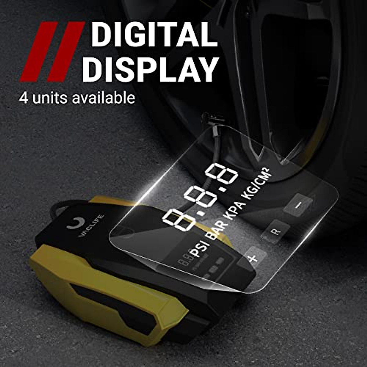 VacLife Tire Inflator Portable Air Compressor - Air Pump for Car Tires (up to 50 PSI), 12V DC Tire Pump for Bikes (up to 150 PSI) w/ LED Light, Digital Pressure Gauge, Model: ATJ-1166, Yellow (VL701)