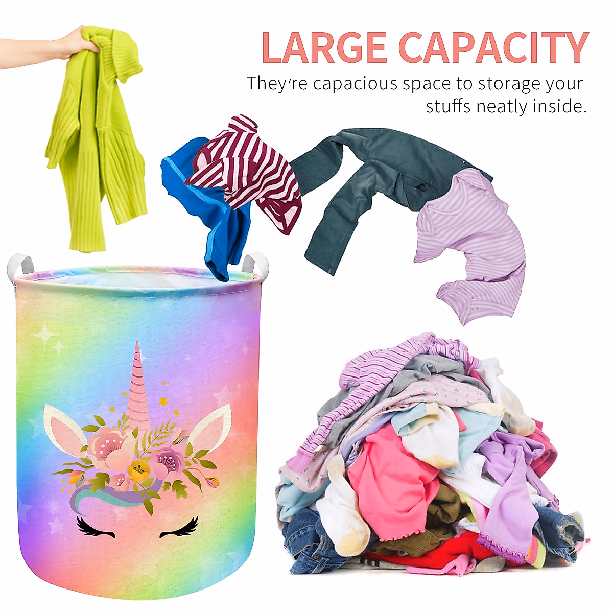 Aynaxcol Unicorn Laundry Basket Hamper Large Sized Round Storage Basket Waterproof Bin Collapsible Laundry Basket for Room Organizer, Bedroom Nursery Playroom Clothes (62.8L)