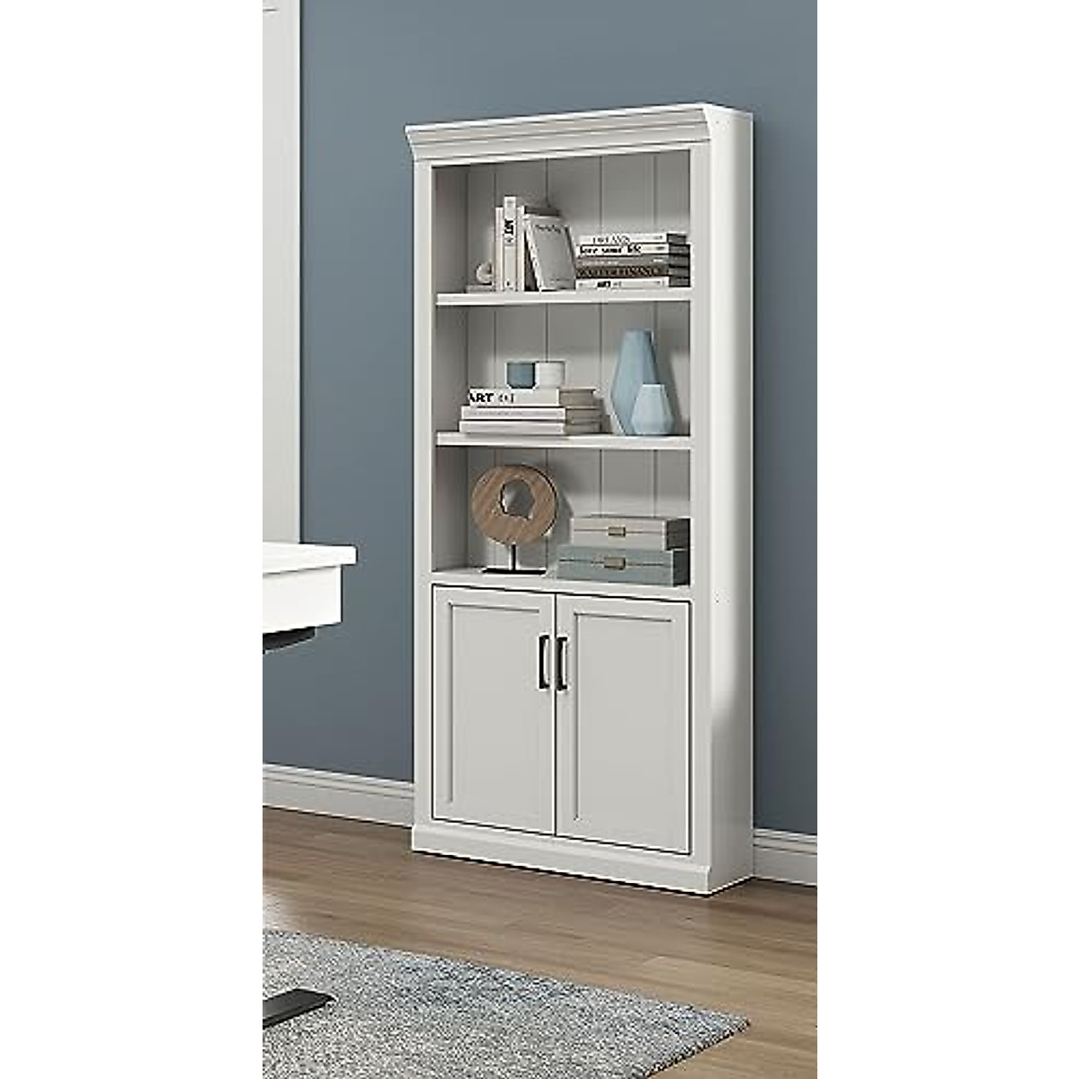 Martin Furniture Modern Wood Lower Doors Bookcase, Office Bookcase, Office Shelving, Office Storage, Fully Assembled, White