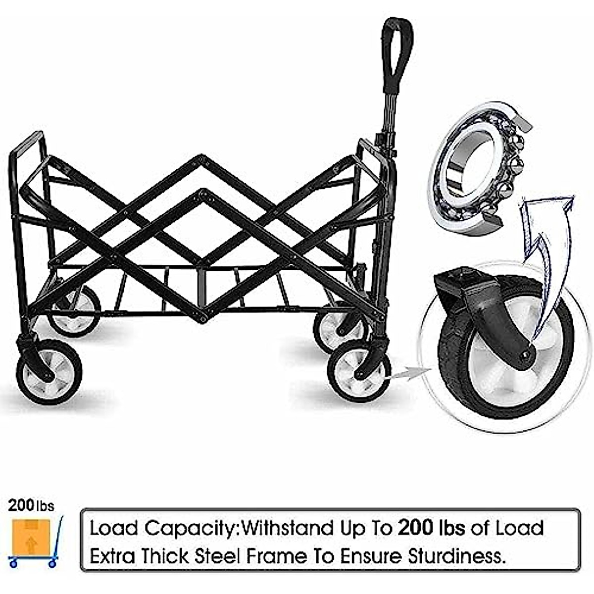 Collapsible Foldable Wagon, Beach Cart Large Capacity, Heavy Duty Folding Wagon Portable, Collapsible Wagon for Sports, Shopping, Camping (Black, 1 Year Warrant)