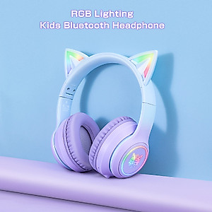 Bluetooth Cat Ear Headphones for Kids & Adults, Wireless & Wired Mode Foldable Headset with Mic - Clear Sound Quality - RGB LED Light, for Girls School Gaming, for Phone/Laptop/PC/Tablet, Purple